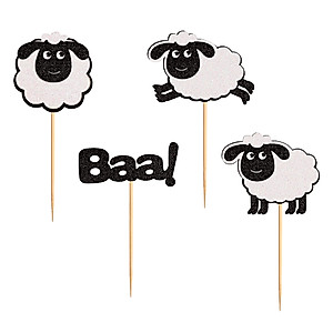 Ercadio 24 Pack Sheep Cupcake toppers Black Glitter Farm Animals Cupcake Picks Sheep Baa Cupcake Decors Sheep Theme Baby Shower Birthday Party Supplies
