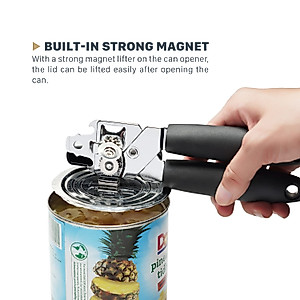 Can Opener Manual Handheld With Magnet, Lid-Lift Safety - Comfortable Anti-Slip Grip Handle And Big Turn Knob - Smooth Edge With Stainless Steel Sharp Blade - Heavy Duty Bottle Can Opener - Black
