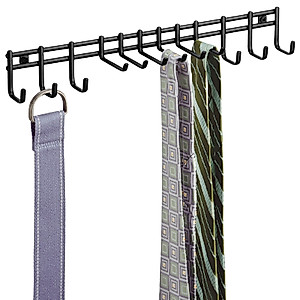 mDesign Closet Wall Mount Metal Accessory Organizer and Storage Center - Modern Slim Holder for Womens and Mens Ties, Belts, Scarves, Sunglasses, Watches - 12 Hooks, 2 Pack, Matte Black