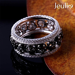 Jeulia Black Skull Rings for Women Mens Sterling Silver Biker Band Style Rings Two Tone Plated Stackable Wedding Bands White Diamond Bridal Set Engagement Anniversary Promise rings for Her (7.5)