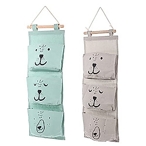 TOYANDONA Grey Wall Hanging Storage Bag Linen Farbric Over The Door Organizer Hanging Storage Pouches with 3 Pockets for Bedroom Bathroom Closet Green/ 2pcs