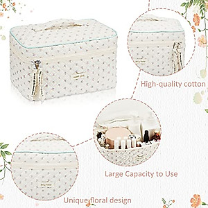 Zeyune 2 Pcs Cotton Quilted Makeup Bag Large Travel Coquette Aesthetic Cute Floral Makeup Bag for Women Girls, Beige