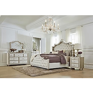 Coaster Home Furnishings Antonella Modern Classic 5-Piece Bedroom Set Velvet Upholstered Eastern King Size Panel Bed Frame 79-inch Headboard Ivory and Camel 223521KE-S5