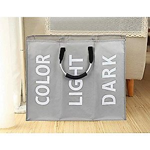 Elonglin Large Collapsible Washing Laundry Basket Bag with 3 Compartment Laundry Hamper Foldable College Laundry Bags,Waterproof Portable Storage Bag with Carry Aluminium Handles light grey