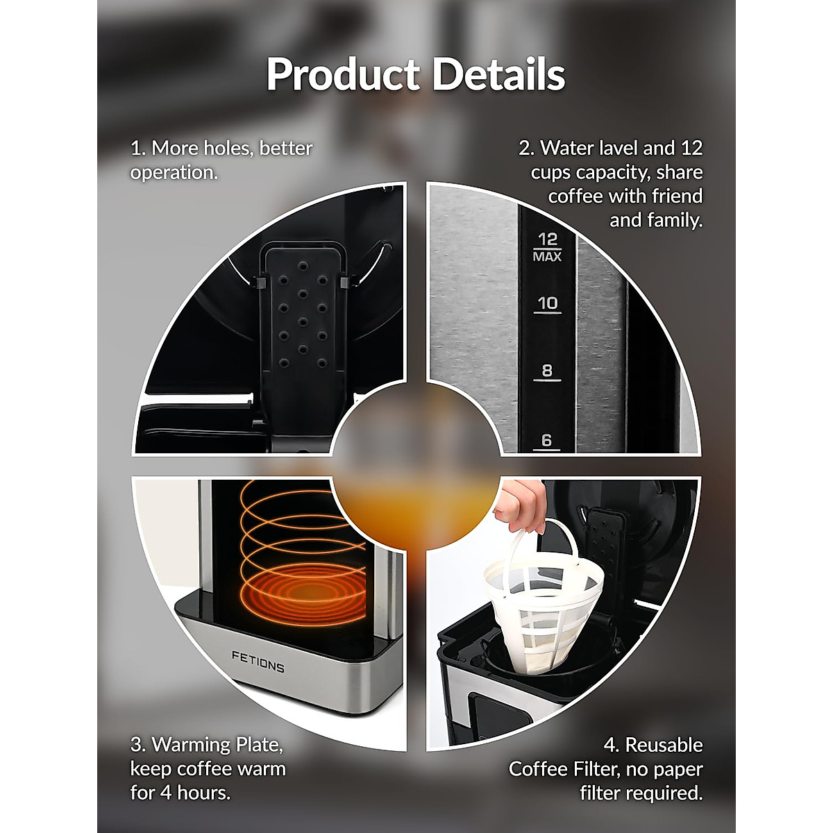 FETIONS Coffee Maker with Glass Carafe for Home Office, Programmable Stainless Steel Drip Coffee Machine with Timer Auto Shut-Off, LED Screen, 12-Cup Coffee Pot with Anti-Drip System, Reusable Filter