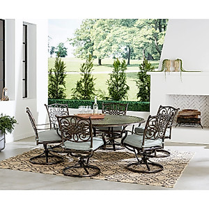 Hanover Renditions 7 Piece Outdoor Dining Set with Sunbrella® Fabric and Elegant 60" Round Patio Table with 6 Comfortable Swivel Chairs and Rust, UV, and Weather-Resistant Aluminum Frames in Mist