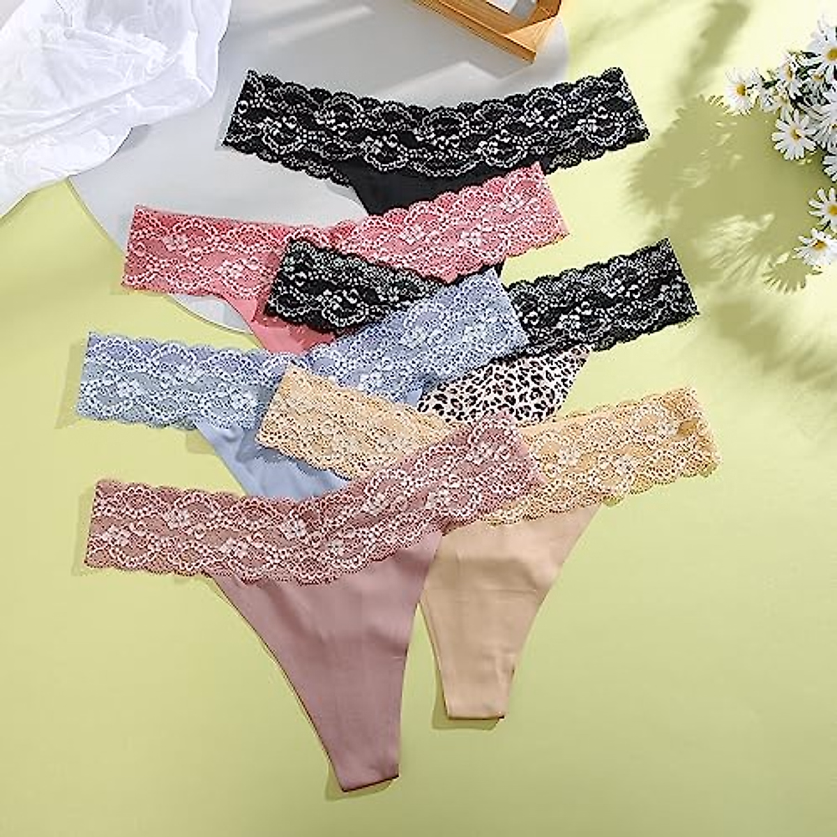 ALL OF ME Seamless Thongs Underwear Women Sexy Panties V-shape Lace Waistband T-back Tangas for Ladies 6 Pack S-XL