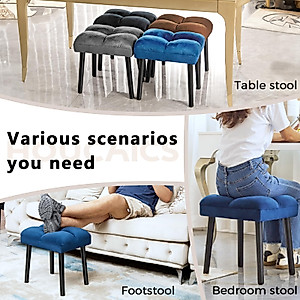 HOUCHICS Soft Vanity Stool Blue Ottoman Stool, Square Makeup Stool with Wooden Legs, Small Ottoman Stool Chair for Vanity, Modern Padded Sofa Seat Foot Rest Stool(Blue)