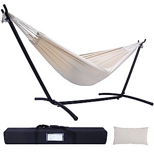 Hammock with Stand Included, Ohuhu 2 Person Hammocks with 9 FT Heavy Duty Steel Stand & Pillow, Portable Double Hammock with Carrying Bag for Indoor Outdoor Garden Yard Porch Patio, 450 lb Capacity