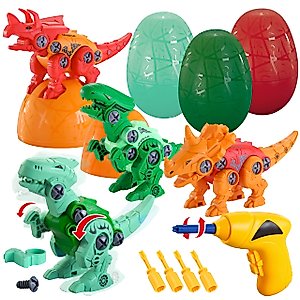 JOYIN 4 Pack Take Apart Dinosaur Toys with Movable Joint, Electric Drill, Dinosaur Eggs, Creative Building Construction Engineering Play Kit, Kids Learning Educational Toys