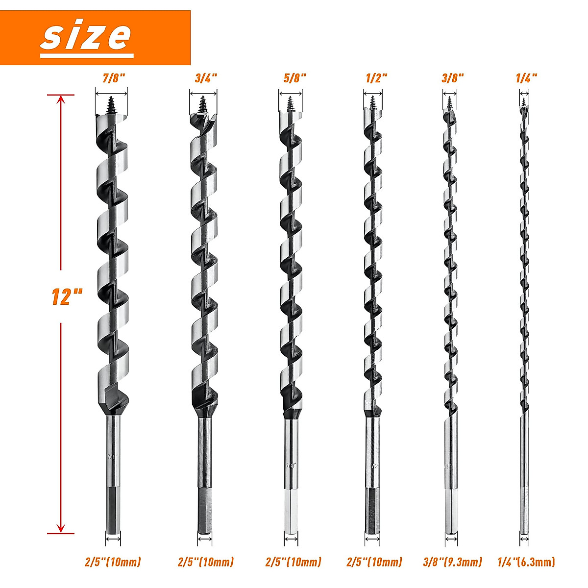 NICAVKIT 6Pcs 12-Inch Long Auger Drill Bit Set for Wood, 1/4"-7/8" Inch Hex Shank Ship Auger Drill Bit for Soft and Hard Wood, Plastic, Drywall and Composite Materials