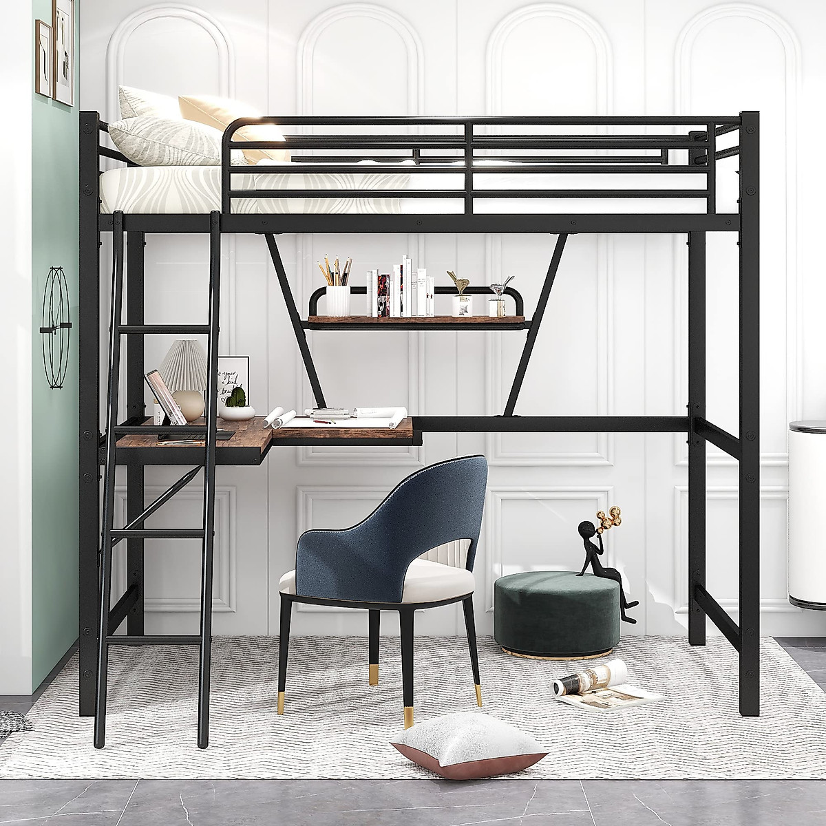 P PURLOVE Metal Loft Bed with Desk Twin Size High Loft Bed with L-Shaped Desk and Shelf and Ladder,No Box Spring Need