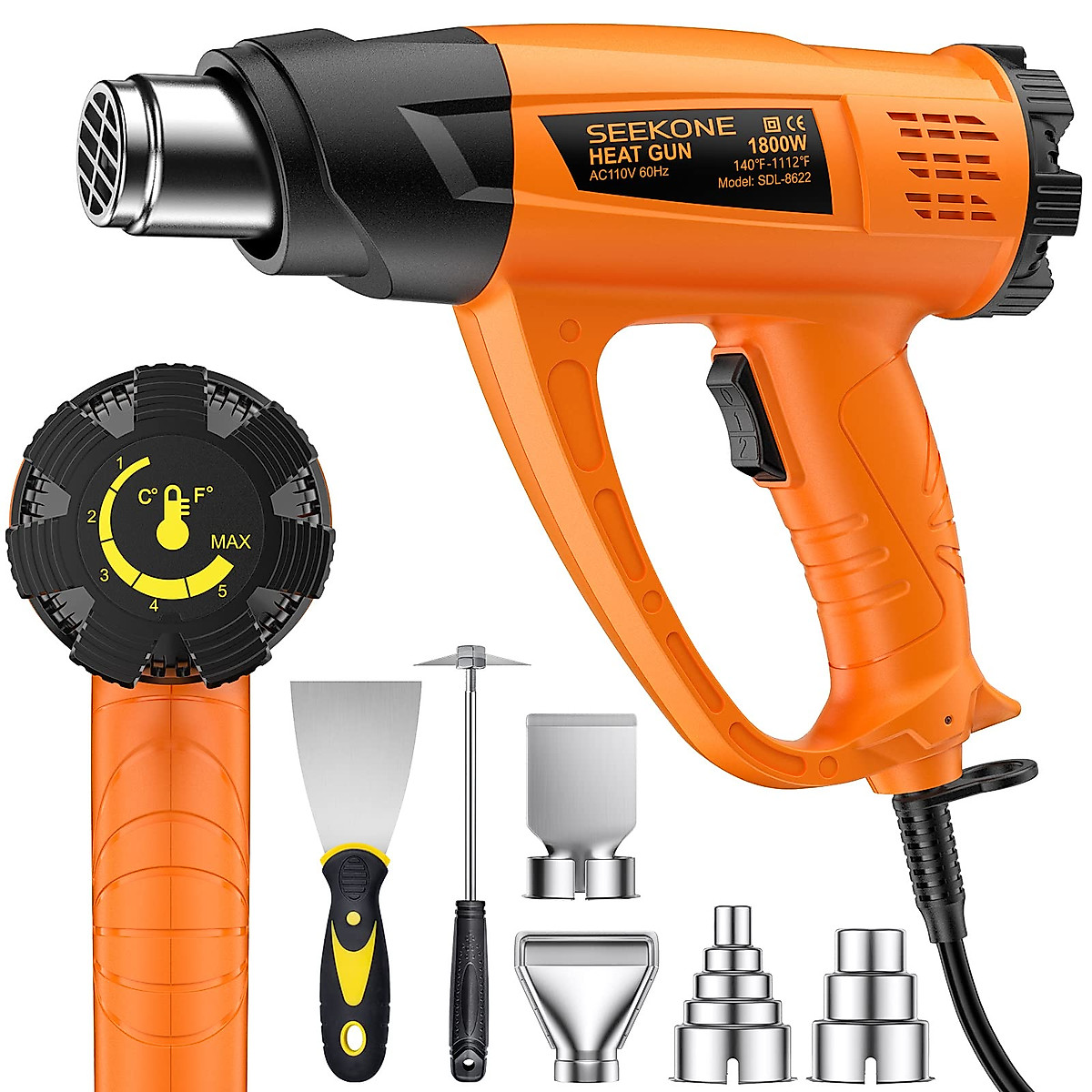 SEEKONE Heat Gun 1800W Heavy Duty Hot Air Gun Kit Variable Temp Control with 2-Temp Settings 7 Accessories 140℉-1112℉（60℃- 600℃）with Overheat Protection for Crafts, Shrinking PVC, Stripping Paint