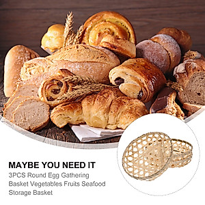 Hemoton 3PCS Bamboo Woven Basket Flat Wicker Round Egg Basket Natural Handmade Food Vegetables Fruits Storage Shallow Tray Organizer Holder Bowl for Home Kitchen
