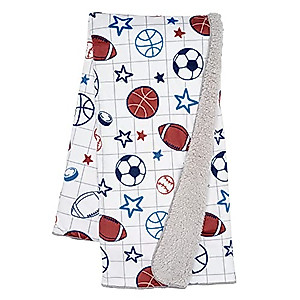 Lambs & Ivy Baby Sports White Fleece Baby Blanket - Football/Basketball/Baseball