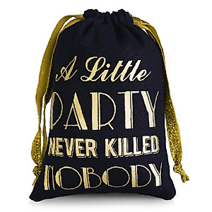 SHERWAY Gold Foil Wedding Bachelorette Party Favor Bags for Hangover Kits, Bridal Shower Wedding Party Cotton Drawstring Bags for Bridesmaid Gifts (10pcs, Black, 5 x 7 Inch)