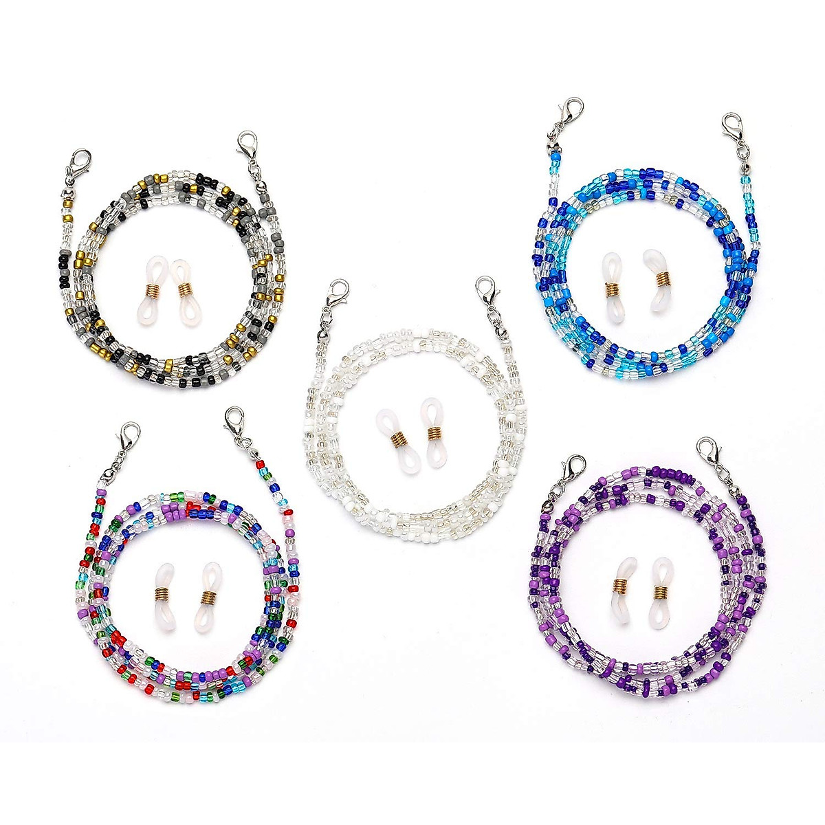 HOLLOSPORT 5PCS Face Mask Chains and Cords for Women, Beaded Eye Glasses Necklace Holder Lanyard Multi-purpose Accessory for Adults with 10 Free Eyeglass Loops