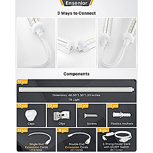 Ensenior 10 Pack 4 FT Led Shop Lights, 6000K Clear White, 5000LM Super Bright, 36W Equivalency 468W, Commercial Bay Lighting, U-Shaped Linkable Shop Lights Plug in for Garage, Workshop, FCC Certified