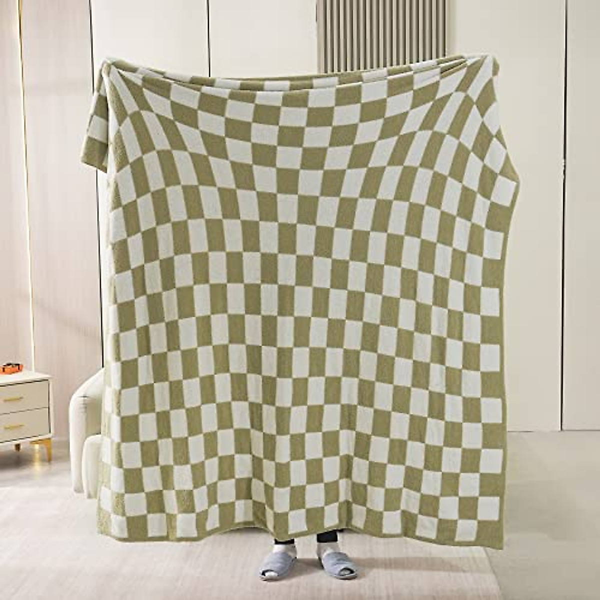 Checkered Throw Blanket Soft Fuzzy Lightweight Warm Preppy Aesthetic Decor for Couch,Chair,Sofa,Bed(Sage Green,51"x63")