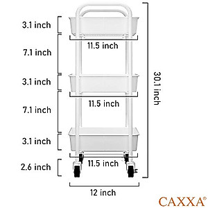 CAXXA 3-Tier Rolling Metal Storage Organizer - Mobile Utility Cart Kitchen Cart with Caster Wheels, White