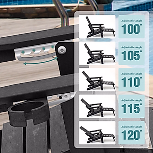 Mega Casa Poly Lumber Adirondack Chair with Cup Holders, Ottoman and Cushion, Adjustable Backrest, All-Weather Resistant, Wood-Like Pattern, Heavy Duty 700 LBS (Black)