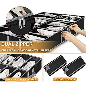 punemi 2 Pack Under Bed Storage With Lids & 2 Pack Under Bed Shoe Storage, Foldable Low Profile Stackable Storage Drawer Organizer Bins Box, Adjustable Sturdy Clear Shoes Storage Box