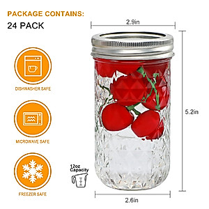Mason Jars 12 OZ,Canning Jars with Lids 24PACK,Glass Jam Jars, Jelly Jars with Airtight Lids,Ideal for Canning, Preserving, Honey, Wedding Favors, Shower Favors