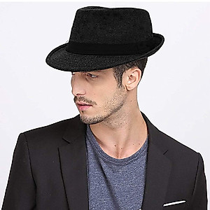 Mens Classic Jazz-Fedora-Hat Manhattan Structured Gangster Trilby Cuban Short Brim Vintage Panama Hats (L:58.5cm/23.03inch, Black)