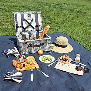 Picnic Basket for 2 Persons with Waterproof Blanket, Durable Wicker Picnic Hamper Set, Willow Picnic Basket Accessories Plates and Utensils, Perfect Wedding, Birthday Gift (Grey Washed)