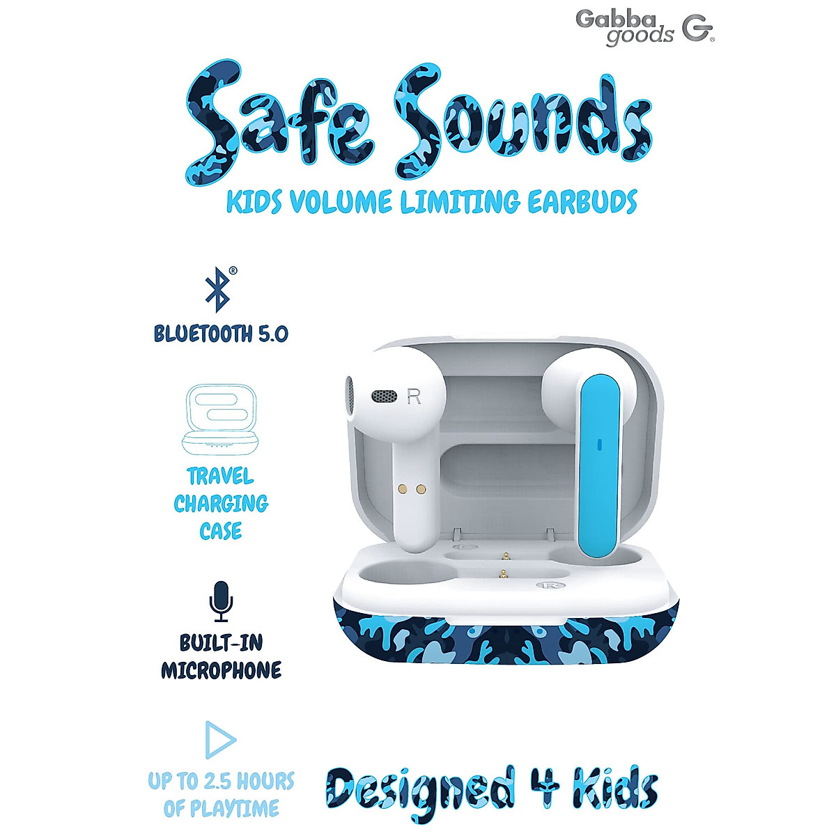 Gabba Goods Safe Sound Earbuds for Kids, Built-in Mic up to 8 Hours of Playing time with Charging Case Kids Proof