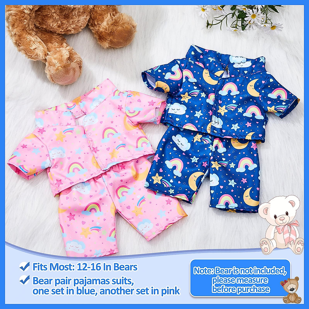 Civaner 2 Pack Blue and Pink Bear Clothes Outfit, Fit Most 12-16 Inch Bears Stuffed Animal Pajamas Plushie Clothes for Stuffed Animals, Pre-Kindergarten Toys(Rainbow Style)