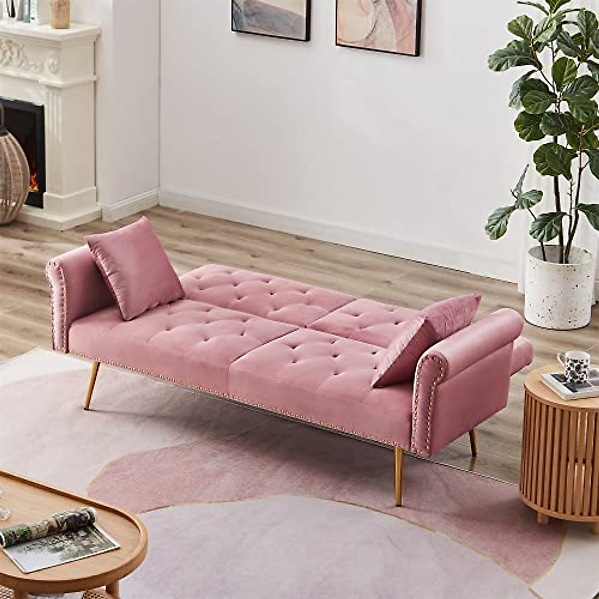 FANYE 3-in-1 Tufted Upholstered Daybed Futon Sofabed Loveseat W/Reclining Split Backrest and Metal Legs,2-Seaters Sofa Soft Cushions Love Seat Convertible Sleeper Couch Bed for Living Room, Twin, Pink
