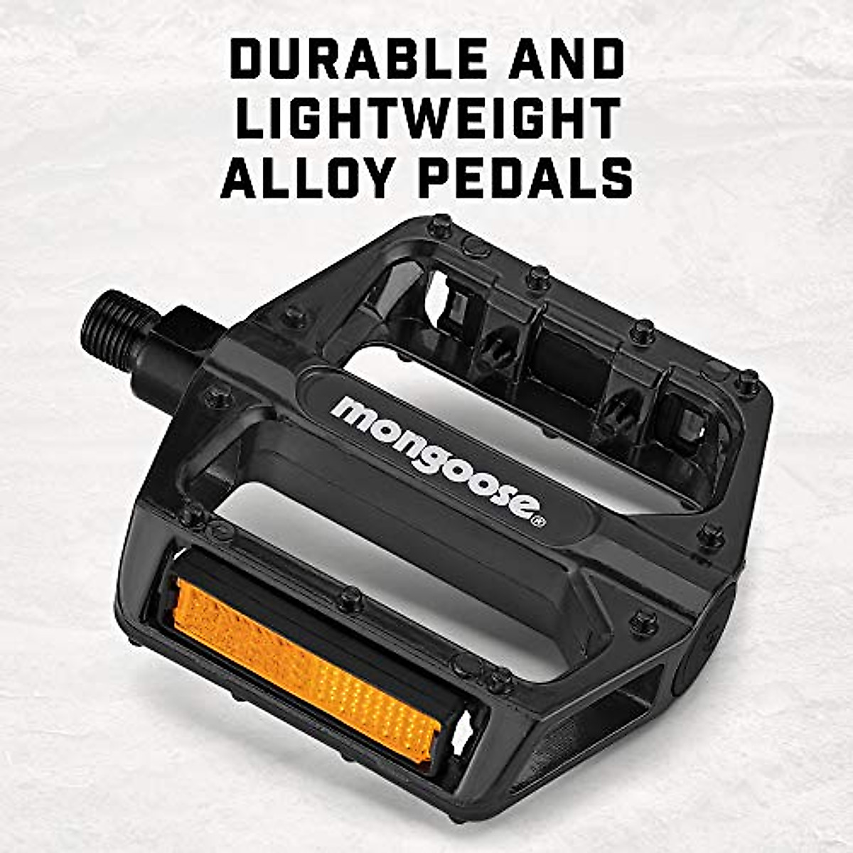 Mongoose Adult Mountain Bike Pedals, 1/2" and 9/16" Adapters, Durable Alloy Bicycle Platform Pedal, Refective Strips, MTB Bike Accessories, Black