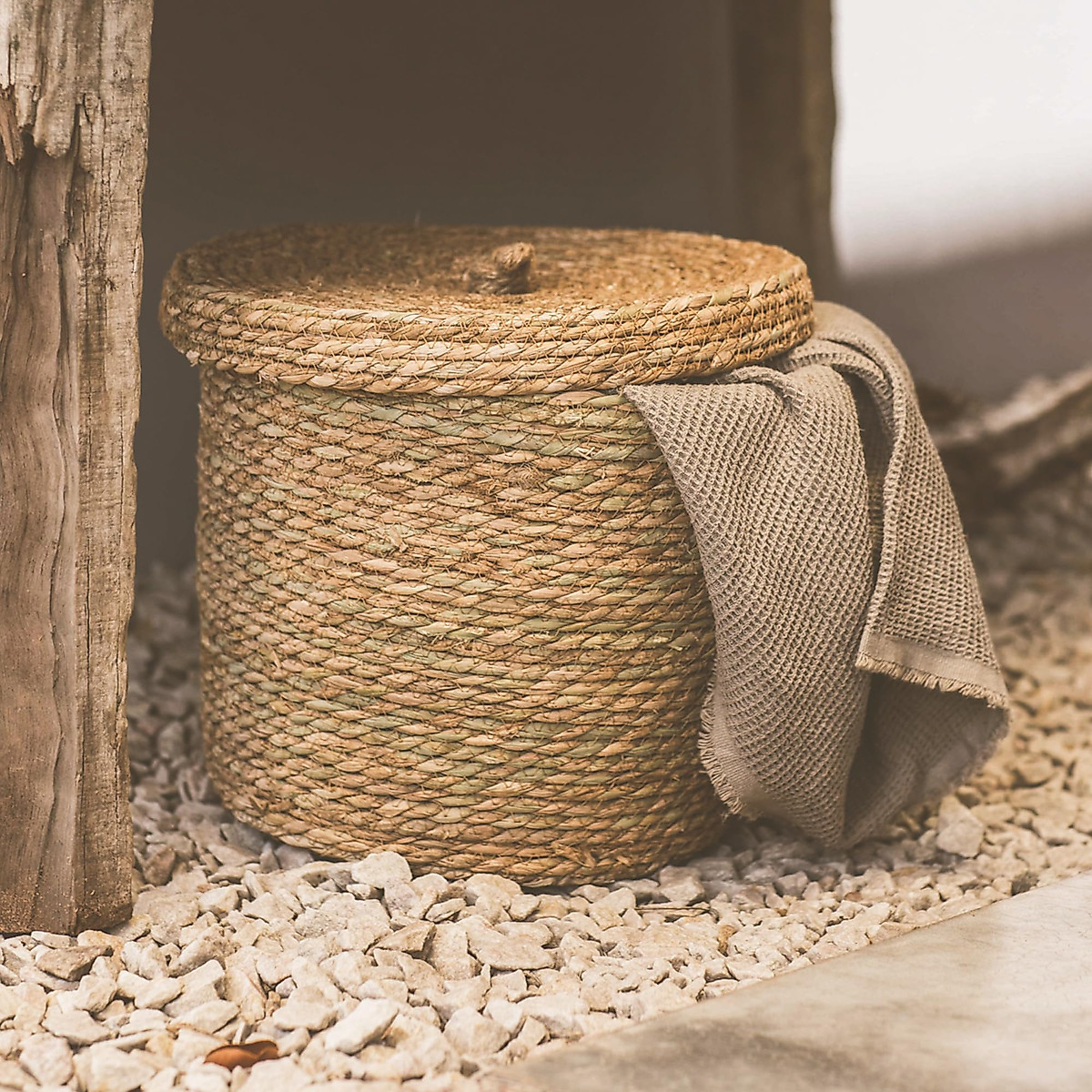Handcrafted Seagrass basket with lid. Decorative Baskets for storage. Natural rope basket with lid. Woven Seagrass baskets for blankets. Round decorative basket. (Medium)