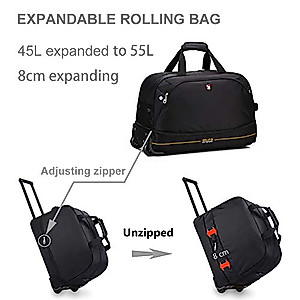 OIWAS Small Rolling Duffle Bag with Wheels 22 inch Travel Bag with Wheels Tote Short Term Overnight Trips Expandable 45L to 55L Carry On Luggage Women Men Black