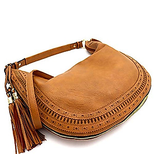 Boho Tassel Expandable Soft Vegan Leather Straw Large Hobo Bag Purse Handbag (Lightweight Laser-cut Hobo - ZBlack)