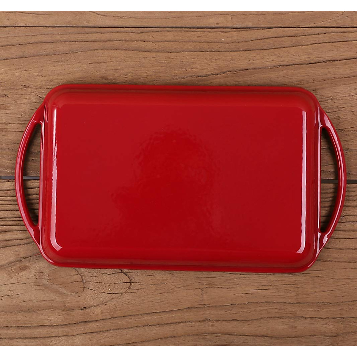 LI-GELISI Enameled Pre-Seasoned Cast Iron Double Handle Rectangle Grill Pan 15.8 inch, Red
