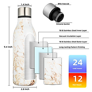BJPKPK Insulated Water Bottles, 18 oz Stainless Steel Metal Water Bottle with Strap, BPA Free Leak Proof Thermos, Mugs, Flasks, Reusable Water Bottle for Sports & Travel, Marble-Amber
