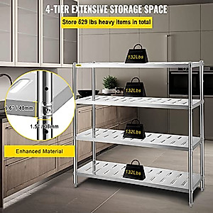 VEVOR Storage Shelf, 4-Tier Storage Shelving Unit, Stainless Steel Garage Shelf, 59.1 x 17.7 x 61 inch Heavy Duty Storage Shelving, 529 Lbs Total Capacity with Adjustable Height and Vent Holes