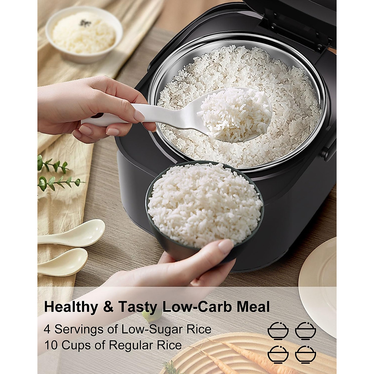 YOKEKON Rice Cooker 10 Cup, Stainless Steel Inner Pot, Low Carb Large Rice Maker with Steamer Basket Steamer, 24H Delay Timer and Auto Keep Warm,Brown Rice/Risotto/Oatmeal/Soup/Steam/Slow Cook, Black