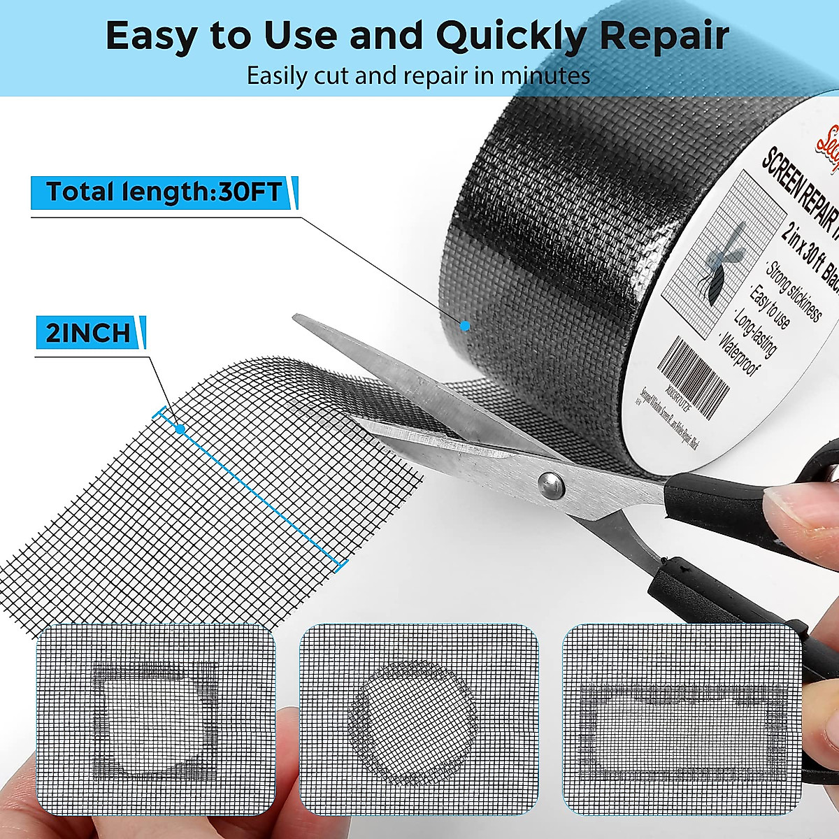 Secopad Black Window Screen Repair Tape, 2 in X 30 FT (360IN) Screen Repair Kit for Windows or Doors, Strong Adhesive Screen Patch Fiberglass Screen Tape Mesh Repair