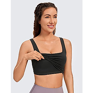 CRZ YOGA Butterluxe Womens Square Neck Longline Sports Bra - Workout Crop Tank Tops Padded with Built in Shelf Yoga Bra Black Medium