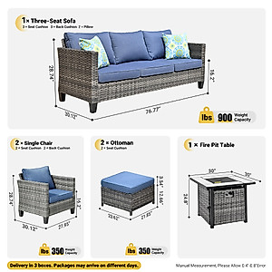 ovios Patio Furniture Set, 6 Pieces Outdoor Conversation Set with 30 Inch Gas Fire Pit Table Modern Wicker Rattan Sofa Set with Comfortable Cushion, Ottomans, Denim Blue