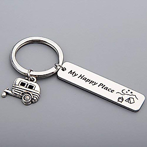 QIIER Camp Keychain My Happy Place Camping Keychain Camp Jewelry RV Camper Gift for Campers, Traveler (Silver)