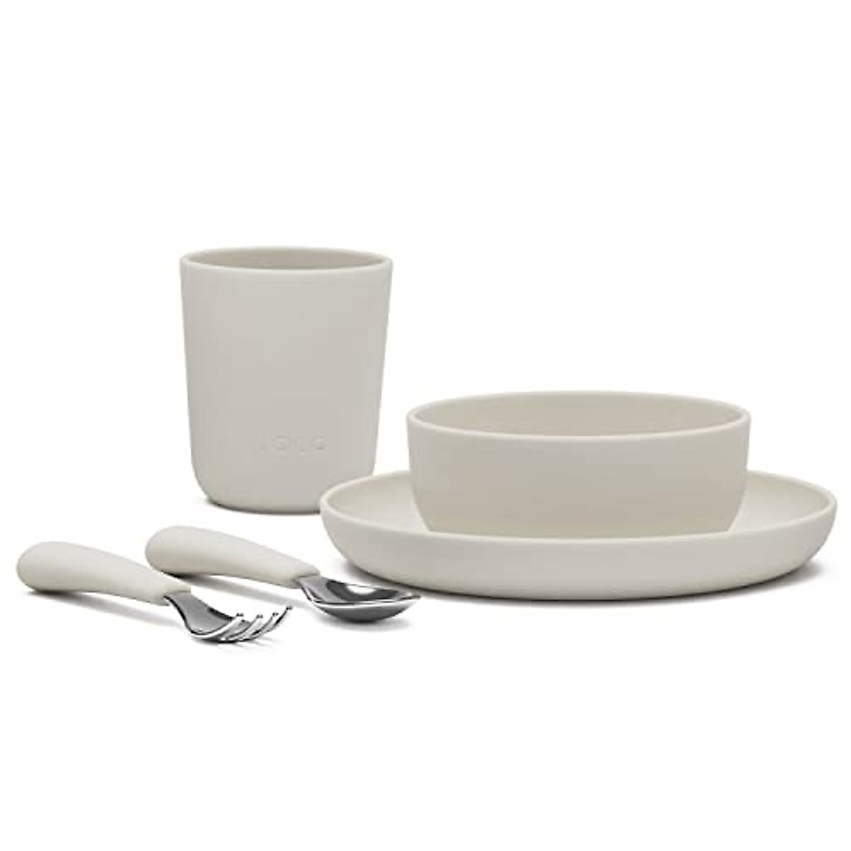 Lalo Big Bites Kids Dinnerware Starter Set - Dishwasher Safe, BPA Free, Kids Tableware Set - Includes Stackable Bowl, Plate, Utensils & Cup - 5 Pieces - Oatmeal