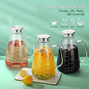 Glass Pitcher with Lid 1 Gallon, 113OZ Glass Water Pitcher with Precise Scale Line, WELLCHE 18/8 Stainless Steel Tea Pitcher 1 Gallon for Fridge, Easy to Clean Heat & Cold Resistant Borosilicate Glass