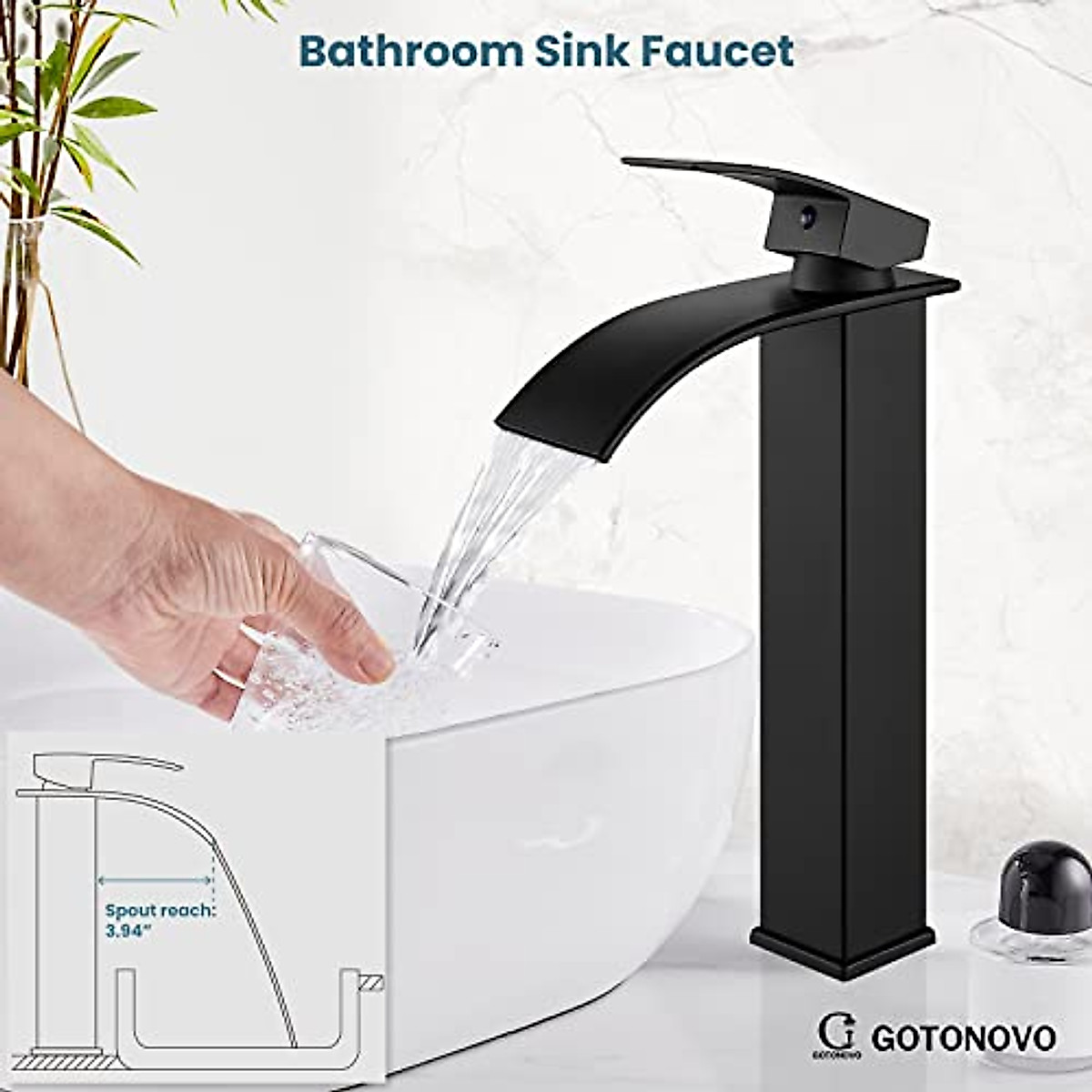 Vessel Sink Faucet Waterfall Spout Deck Mount Bathroom Matte Black Stainless Steel 304 Bowl Basin One Hole One Handle Mixer Tap with Pop Up Drain