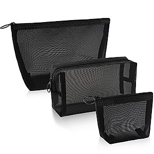 3 Pieces Mesh Cosmetic Bag, Makeup Bags, Zipper Pouch for Offices Travel Accessories, 3 Sizes (Black)