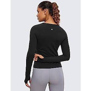 CRZ YOGA Womens Seamless Ribbed Workout Long Sleeve Shirts Quick Dry Gym Athletic Tops Breathable Running Shirt Black Medium