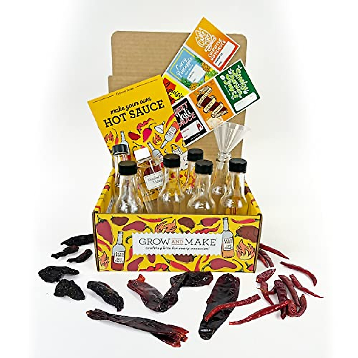 DELUXE DIY HOT SAUCE MAKING KIT Everything Included - Best Gift for Him, Husband, Friend, & Loved One - Make Your Own Gourmet Hot Sauce - Quality Dried Hot & Spicy Peppers, 6 Unique Recipes & stickers